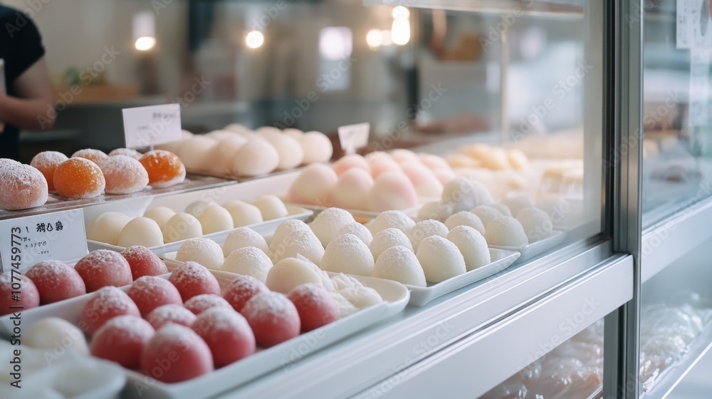 Freshly dusted mochi in assorted colors are beautifully displayed ...