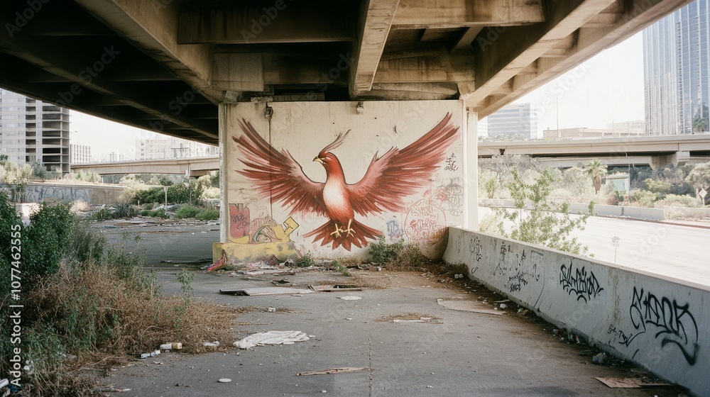 A striking mural of a red bird in flight decorates a deserted urban ...