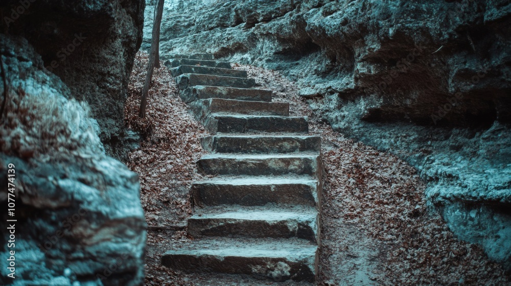 Rugged stone stairs intricately climb through a narrow, leafy canyon ...