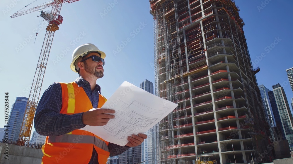 Construction worker reviewing blueprints at a high-rise building site ...