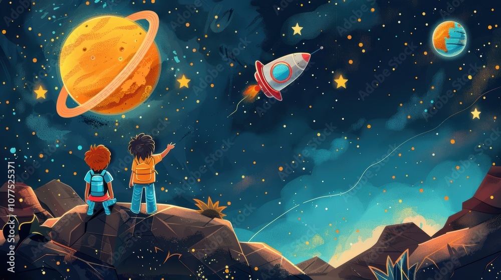 Vector graphic of children on a cosmic road trip across the galaxy ...