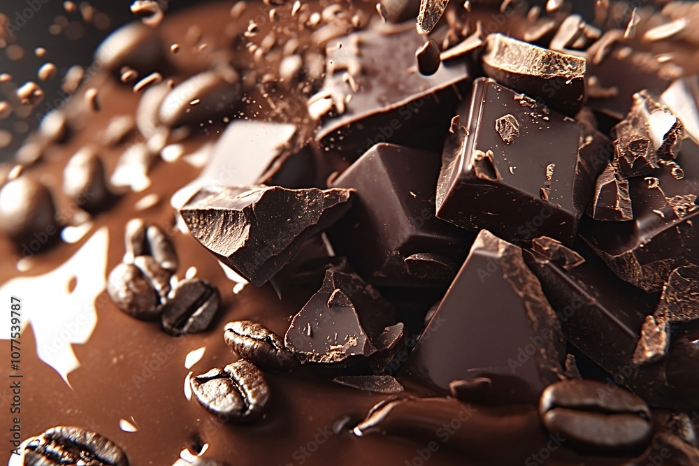 Chocolate chunks are falling into melted chocolate mixed with coffee beans, creating a splash ...