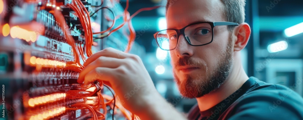 Technician Adjusting Network Cables in a Patch Panel, Focused on ...