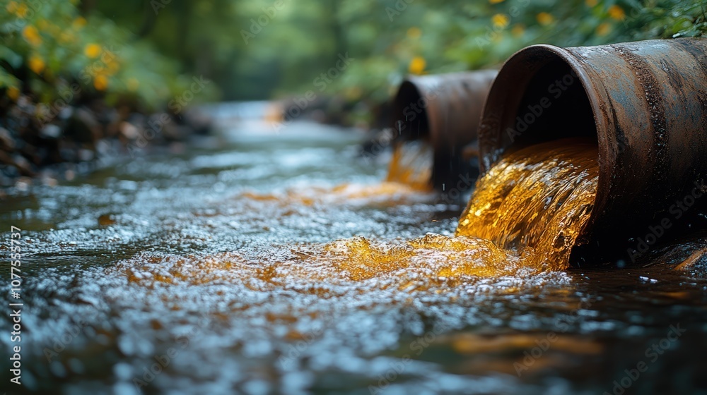 Polluted water from a sewage pipe entering a clean river, showcasing ...
