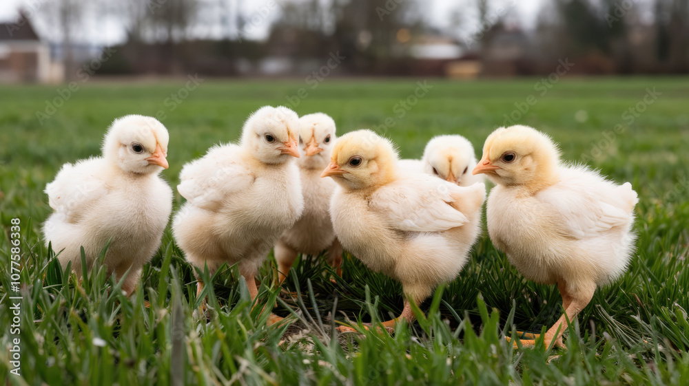 A group of baby chicks are standing in a field of grass. The chicks are ...