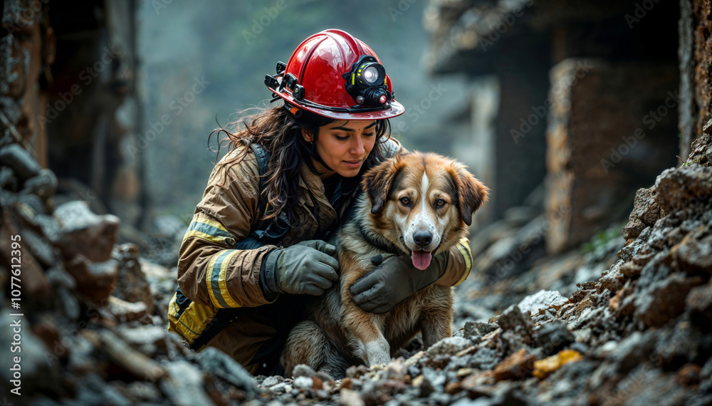Female Indian firefighter helping exhausted shepherd dog trapped in ...