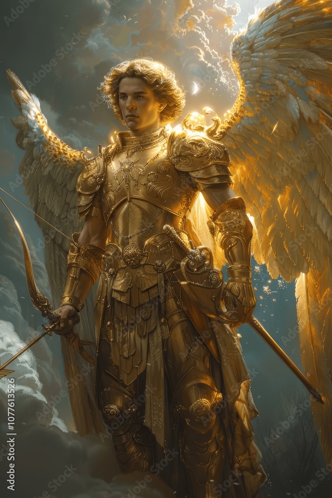 Archangel Gabriel with Golden Armor Holding Light and Arrow, Standing ...