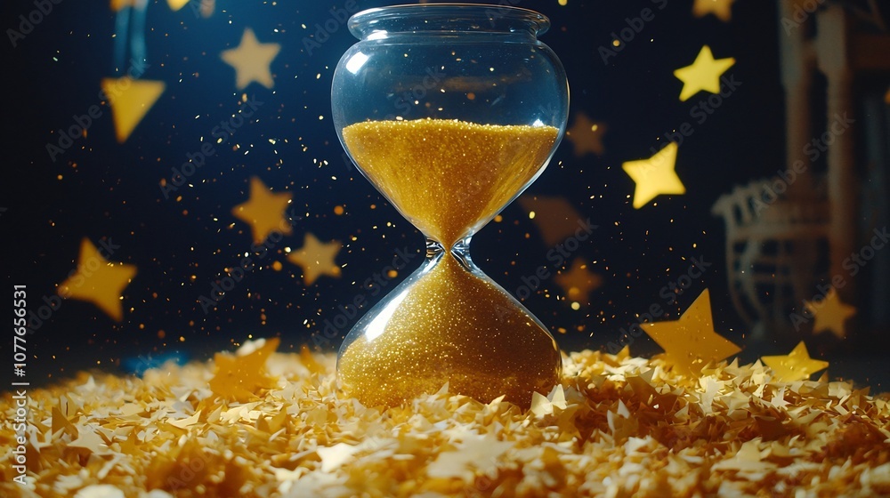 Elegant hourglass filled with shimmering golden sand counting down the ...