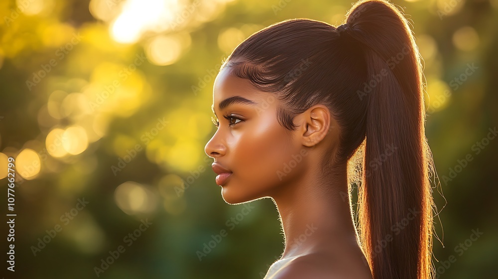 Hair model in a side profile shot with a sleek high ponytail, showing ...