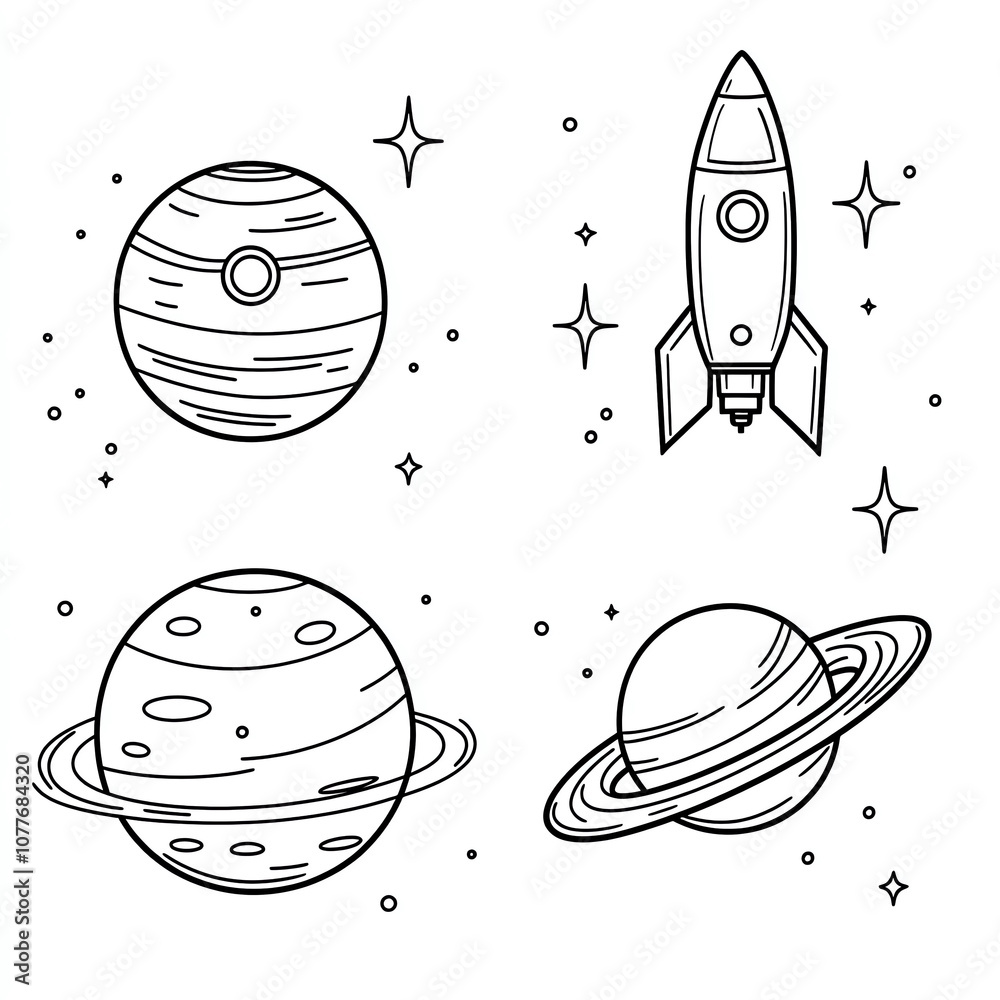 Space planets and rocket icons: simple line art coloring page for kids ...