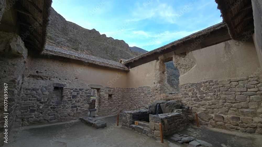 Inside a temple at Ollantaytambo ancient Inca fortress village with a ...