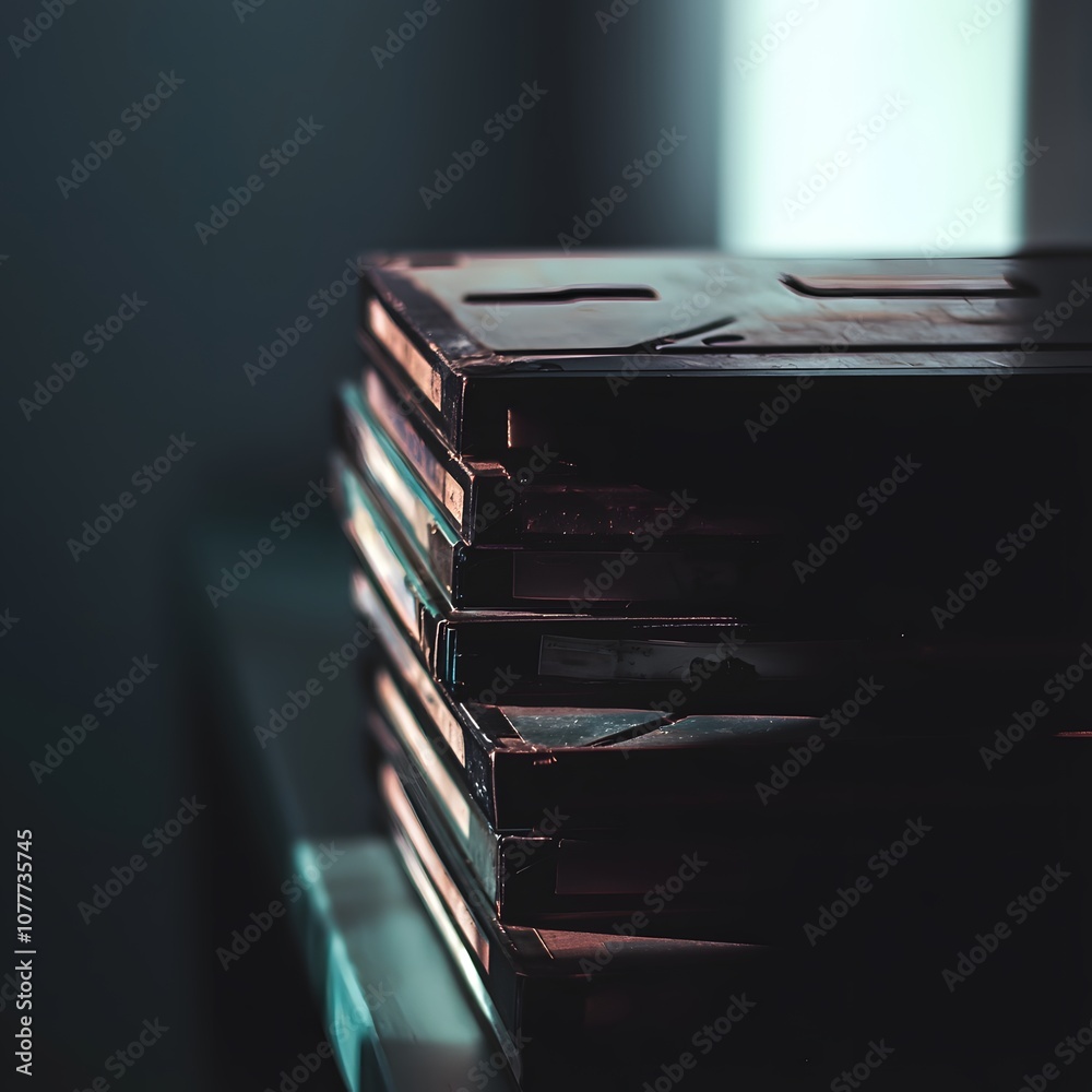 Stack of Worn VHS Tapes with 80s Aesthetic and Nostalgic Lighting Stock ...