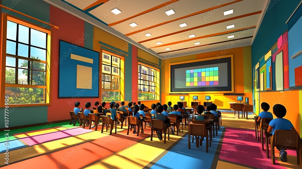 Vibrant 3D animated depicting a modern classroom setting where students ...