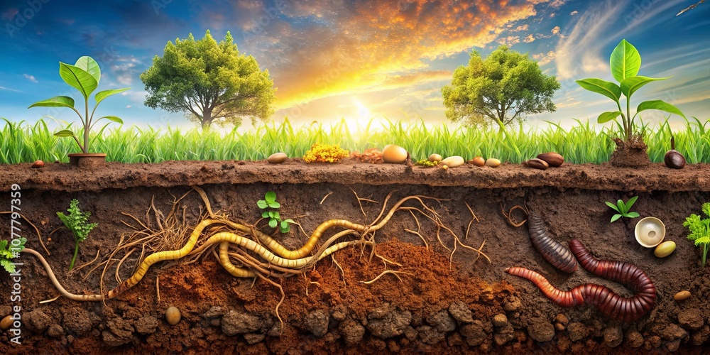 A cross section of the earth revealing the intricate network of roots ...