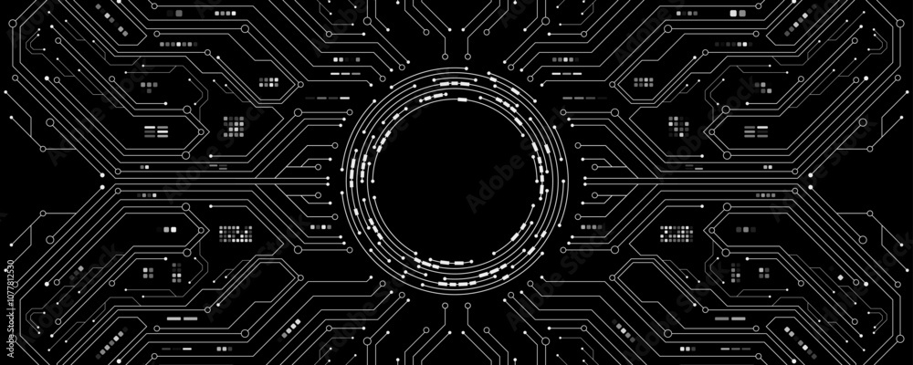 AI circuit board with electronic details on black background for UI and ...