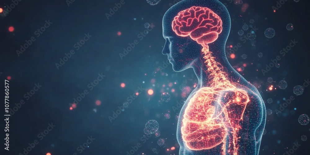Human silhouette highlighting stomach brain connection with glowing ...