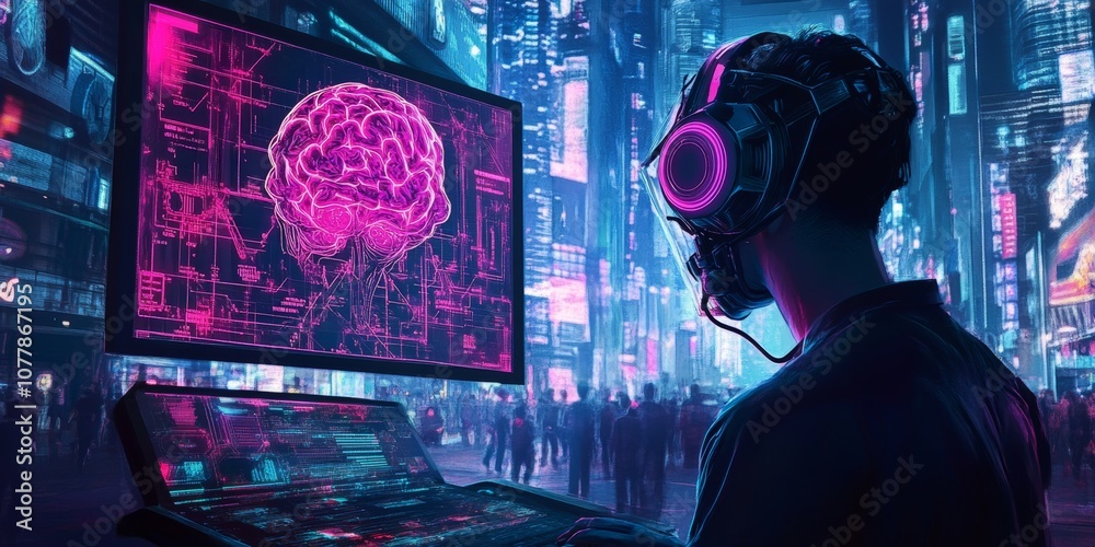 illustration of cyber digital mind control, scientist using mind ...