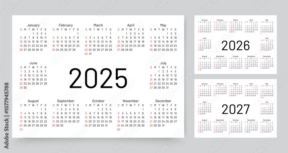 Calendar 2025, 2026, 2027 years. Calender templates. planer grid. Week ...