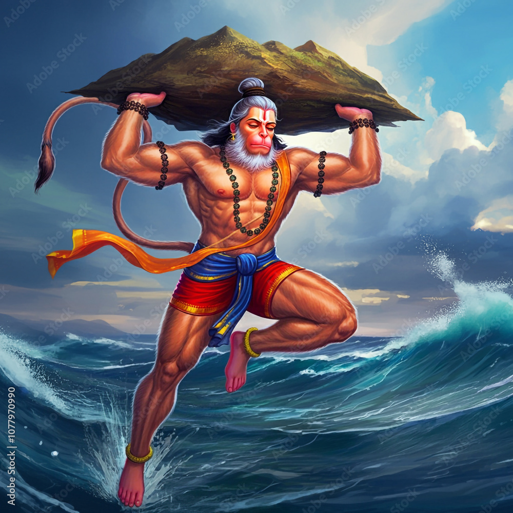This powerful image shows Lord Hanuman in mid-flight, carrying the ...