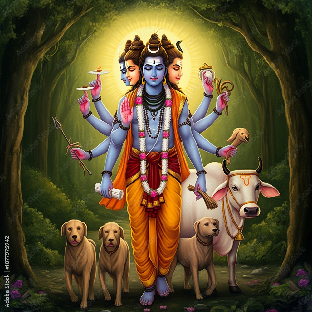 Ilustración de Stock Lord Dattatreya with multiple arms, surrounded by ...