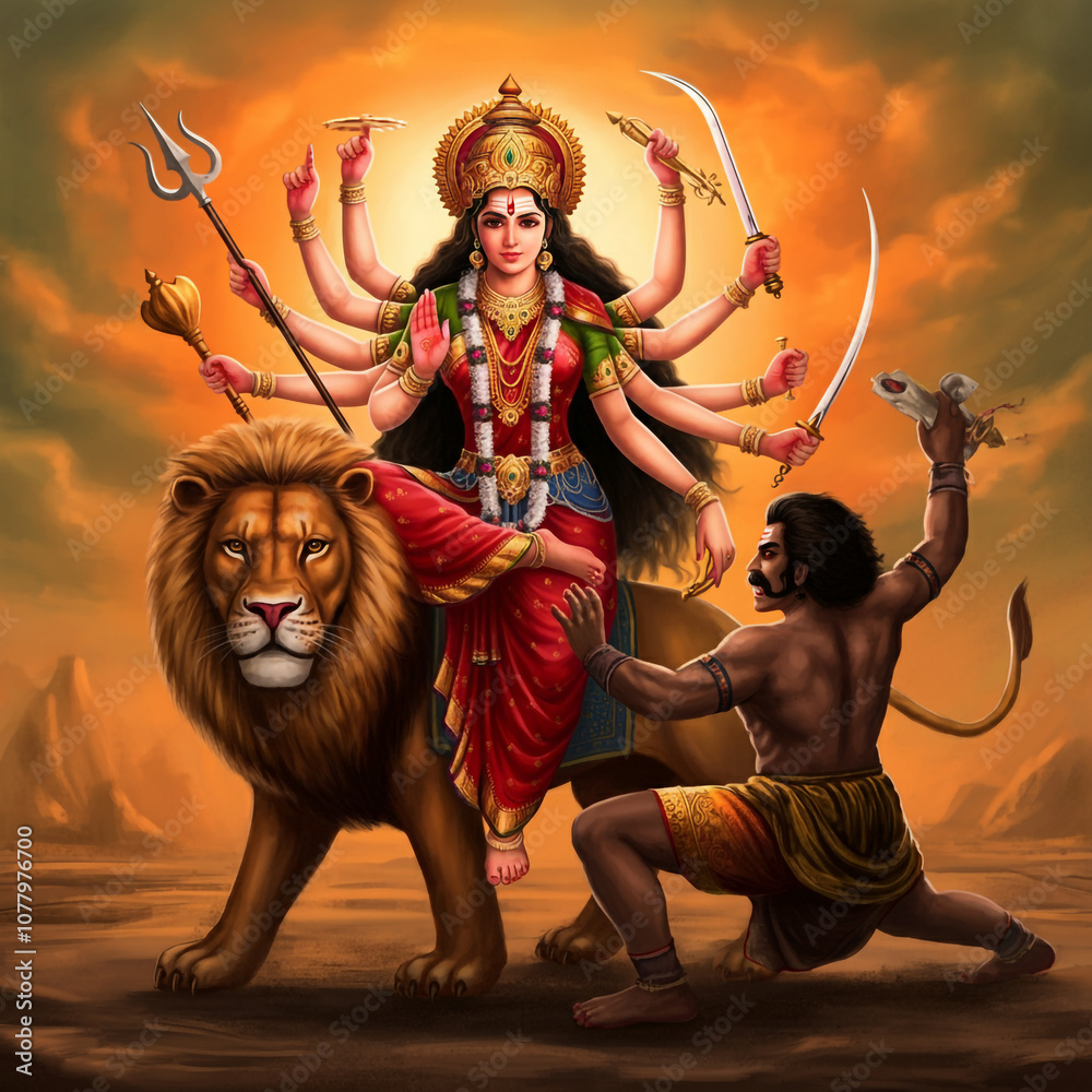 Goddess Durga with multiple arms, seated on a lion and wielding weapons ...