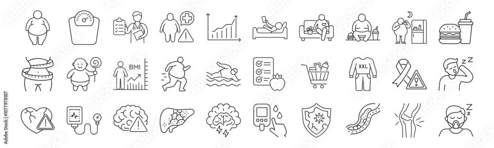 Obesity Health Risks line icon set. Vector pictograms of BMI chart ...