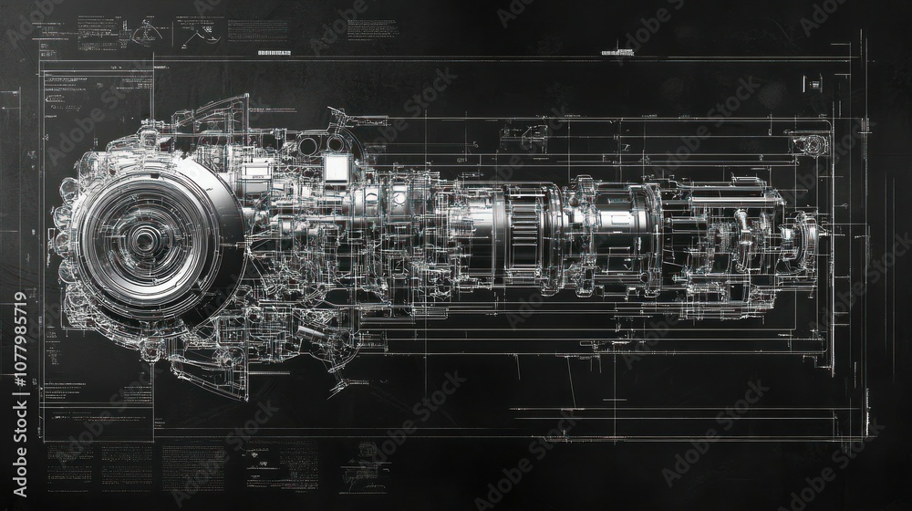 Detailed blueprint of a tank's engine parts, photorealistic, with ...