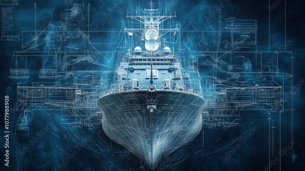 Photorealistic blueprint of a battleships radar and communication ...