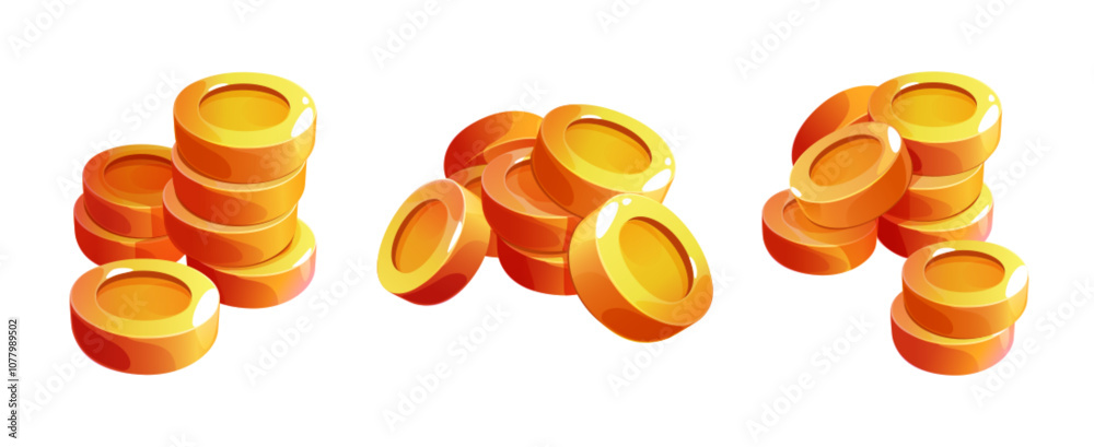 Gold treasure piles with shiny stacked coins. Different sized heaps ...