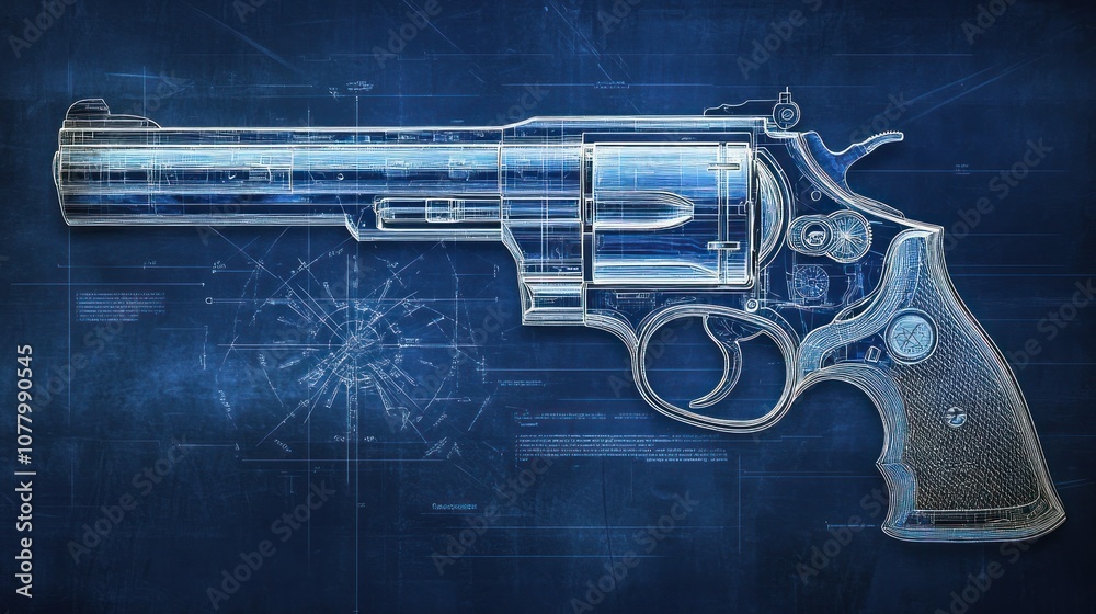 Photorealistic blueprint of a revolvers cylinder, showing the rotating ...
