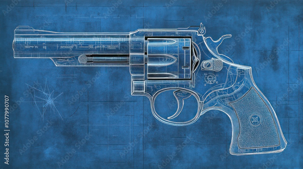 Photorealistic blueprint of a revolvers cylinder, showing the rotating ...