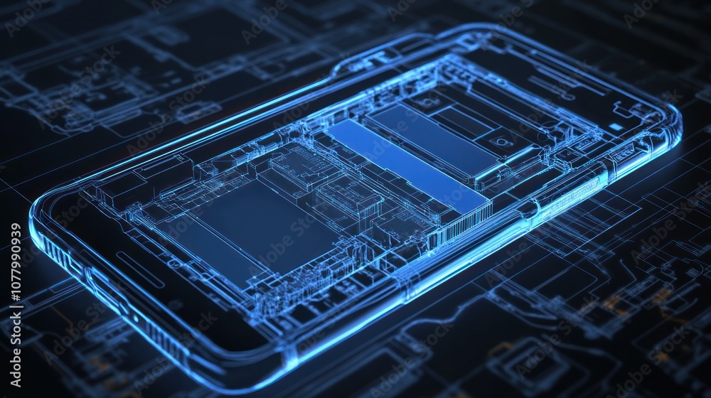 Photorealistic blueprint of a smartphone's battery compartment, showing ...