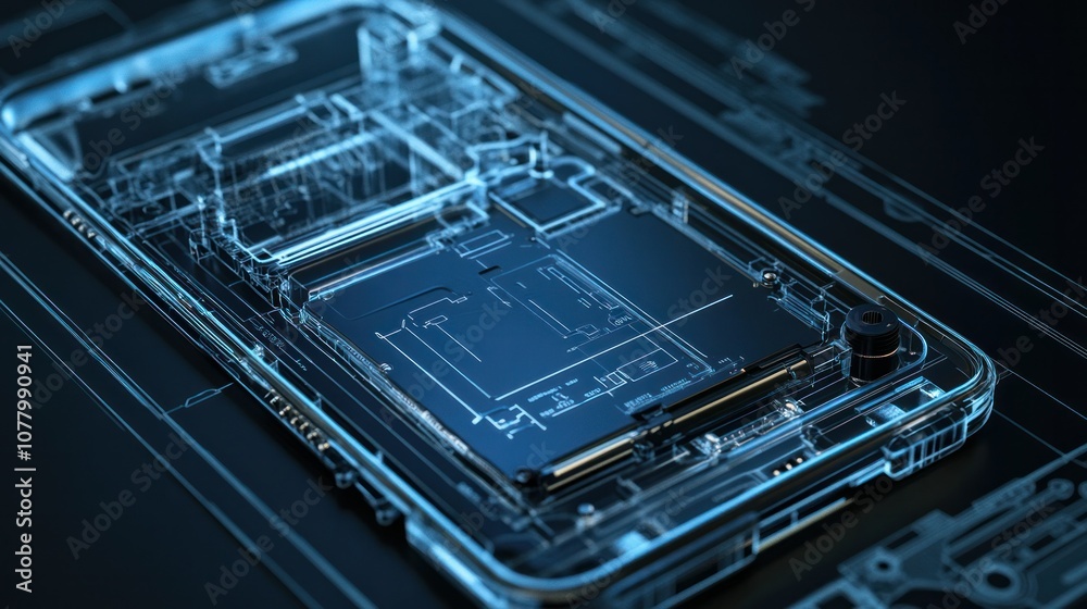 Photorealistic blueprint of a smartphone's battery compartment, showing ...