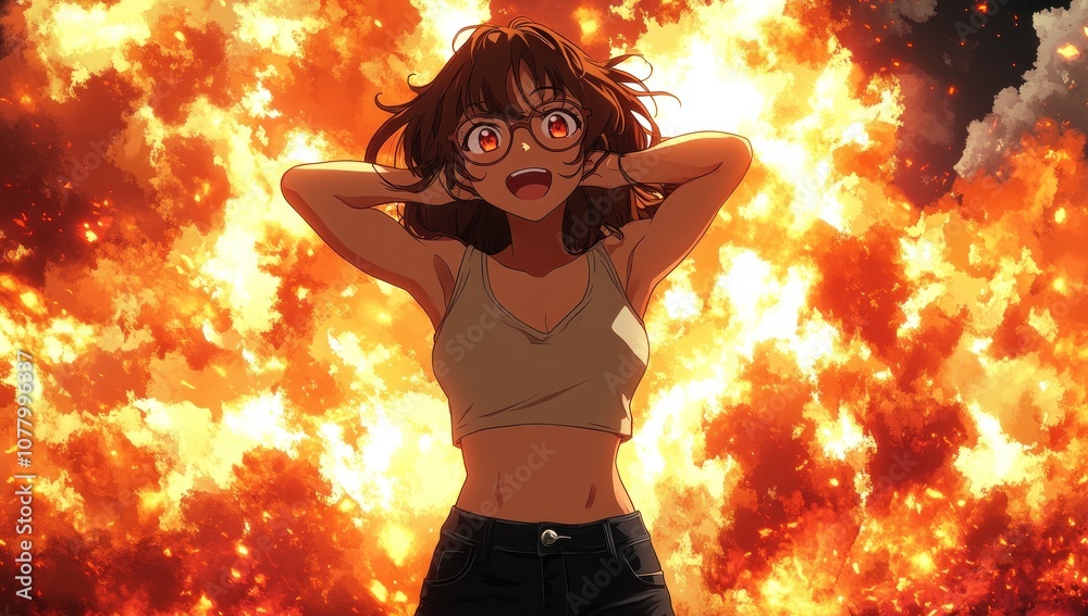 Anime Girl in Front of an Explosion Stock Illustration | Adobe Stock
