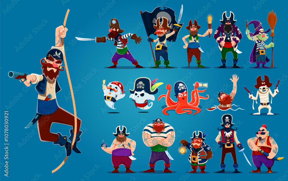 Cartoon pirates and corsairs characters. Captains and sailors, skipper ...