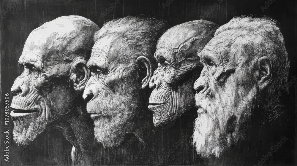 Black and white pencil drawing of four human-like faces in profile ...