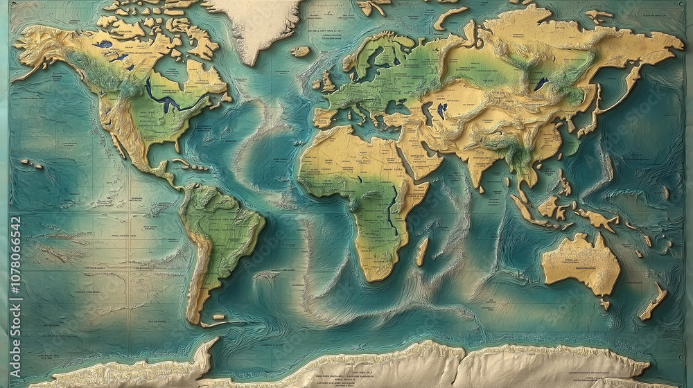 Detailed world map with relief effect showing countries and oceans ...