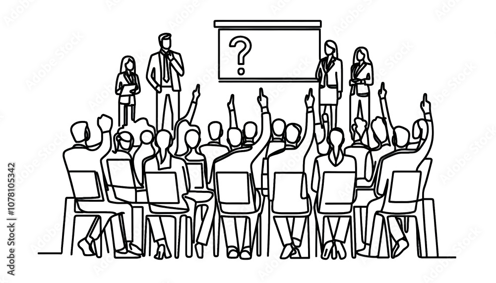 Simple one line drawing of diverse office workers ask questions to ...