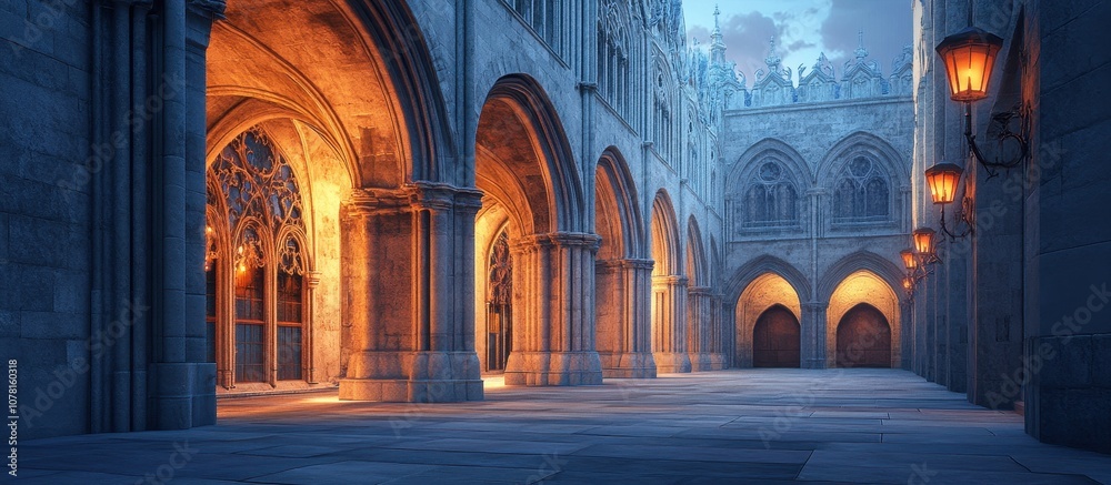 Gothic Architecture at Dusk: Illuminated Arches and Stone Pathways in a ...