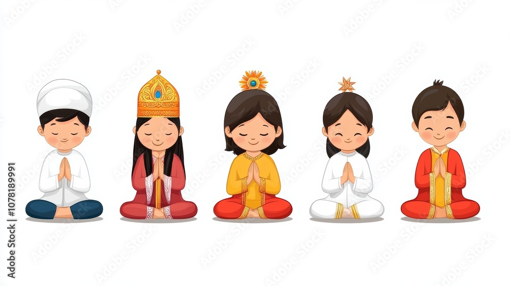 Five cartoon children of different religions praying in traditional ...