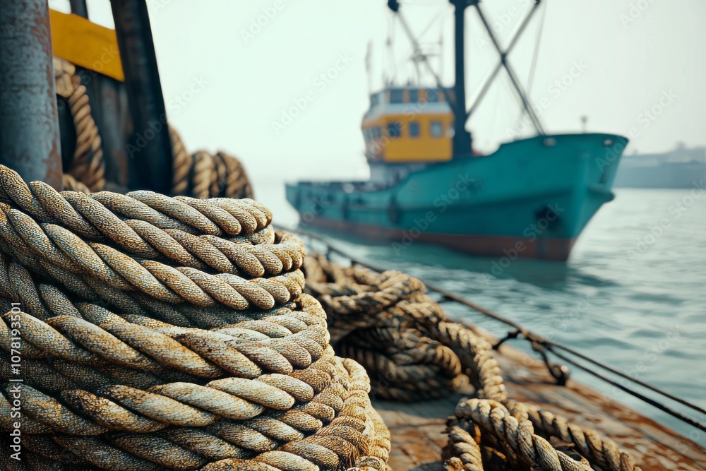 Fishing gear and ropes on a boat deck, essential tools for commercial ...