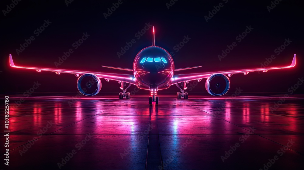 a plane with dark neon light effect 3d rendering Stock Illustration ...