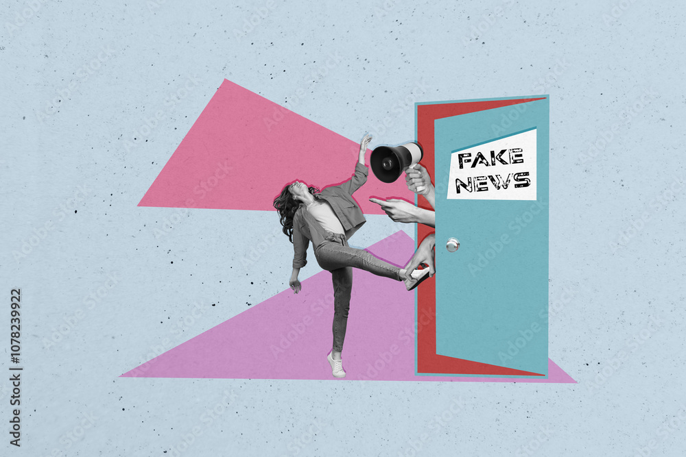 Composite trend artwork collage of lady walk open door hands show ...