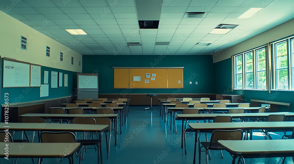 Educator’s empty classroom, desks neatly arranged, quiet setting, 8k ...