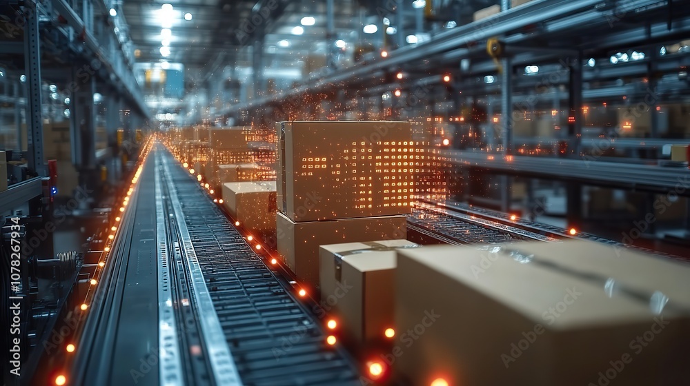 digital rendering of cardboard boxes on an assembly line with data and ...