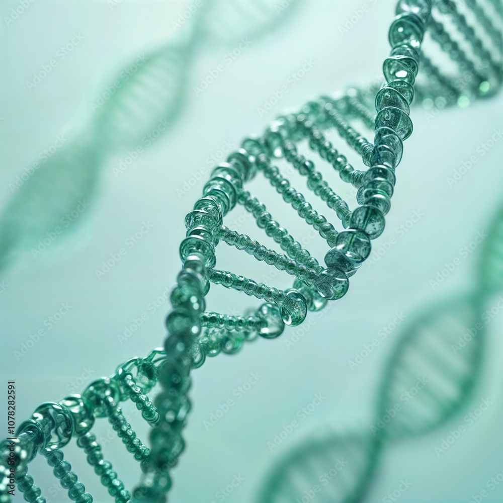 This image shows a DNA helix glowing in soft blue light. The molecular ...