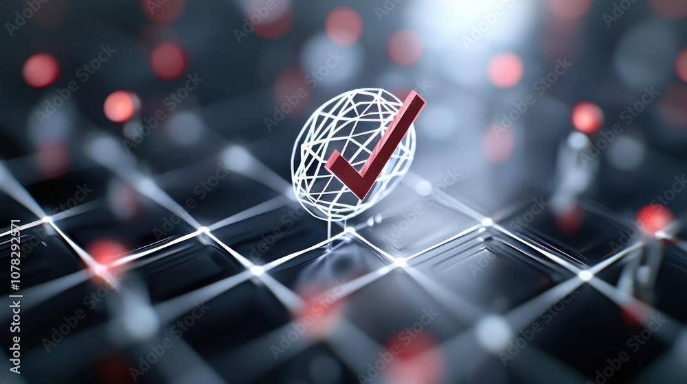 3D digital illustration of a checkmark icon interwoven with network ...