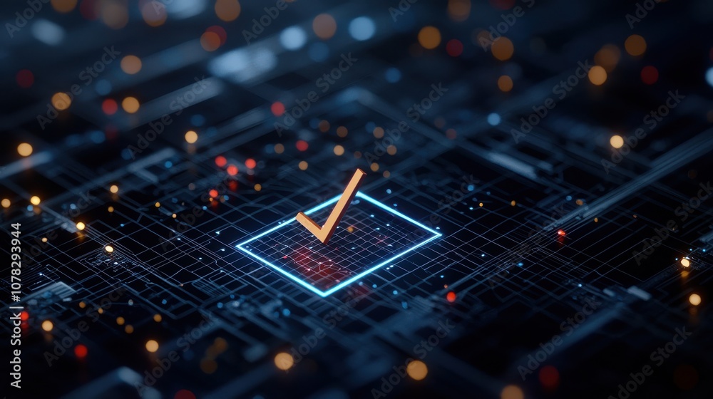 Graphic representation of a checkmark icon overlaid on a network grid ...