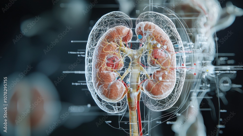 Anatomy chart of the human urinary system with focus on the kidneys and ...