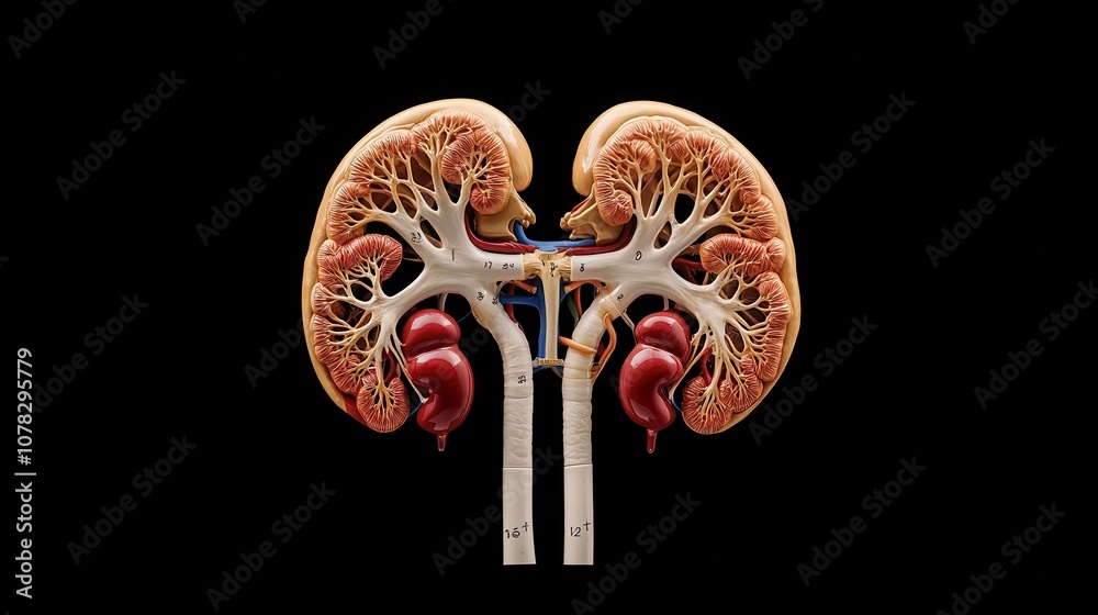 Anatomy chart of the human urinary system with focus on the kidneys and ...